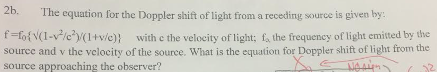 Solved The equation for the Doppler shift of light from a | Chegg.com