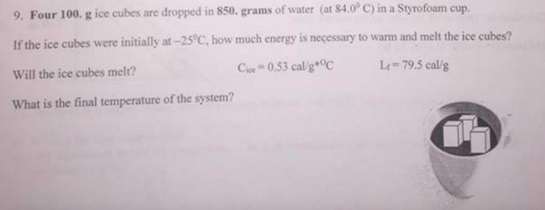Solved Four 100. g ice cubes are dropped in 850. grams of | Chegg.com