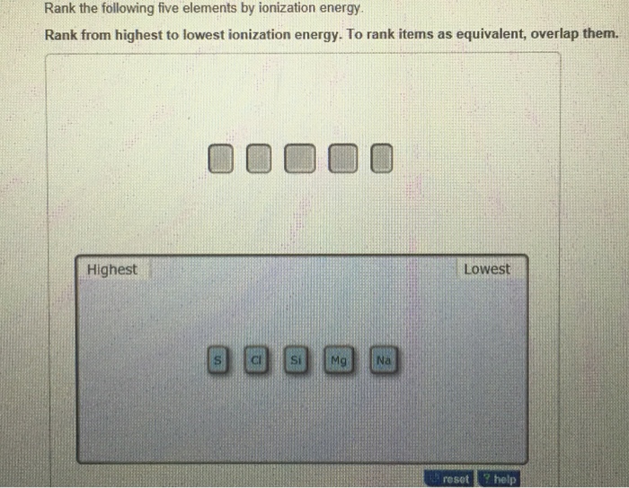 Solved Rank the following five elements by ionization energy | Chegg.com Solved Rank the following five elements by ionization energy | Chegg.com