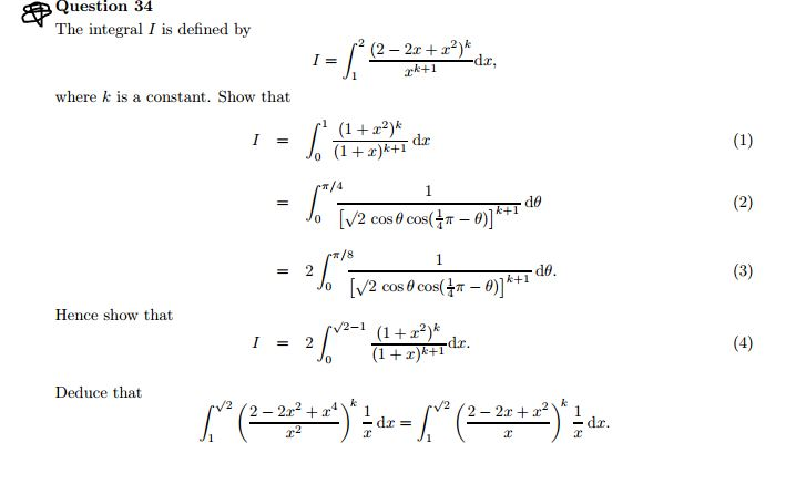 Solved Question 34 The integral I is defined by k+1 where k | Chegg.com
