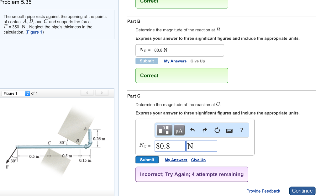 Solved roblem 5.35 Corréct The smooth pipe rests against the | Chegg.com