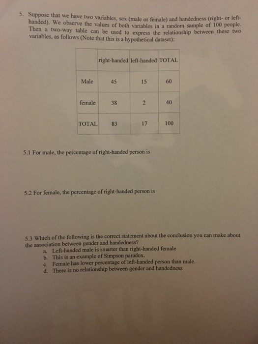 Solved Suppose That We Have Two Variables Sex Male Or
