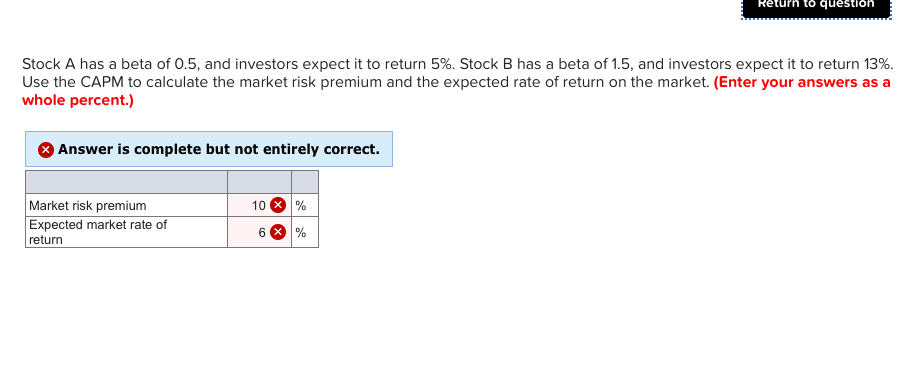 Solved Return to question Stock A has a beta of 0.5, and | Chegg.com