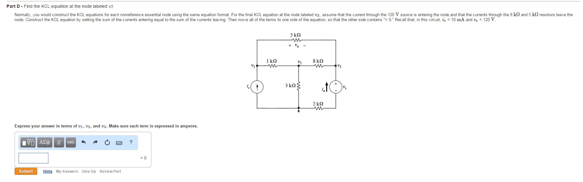 Solved Part D - Find the KCL equation at the node labeled v3 | Chegg.com