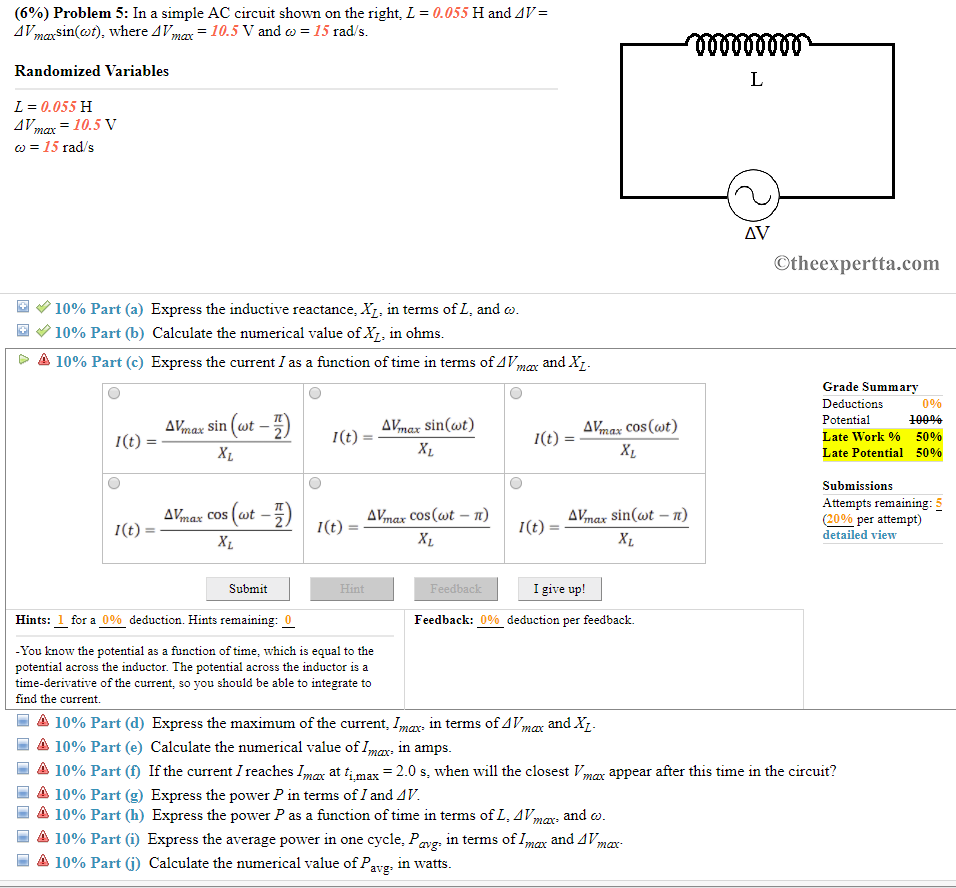 Solved (696) Problem 5: In a simple AC circuit shown on the | Chegg.com