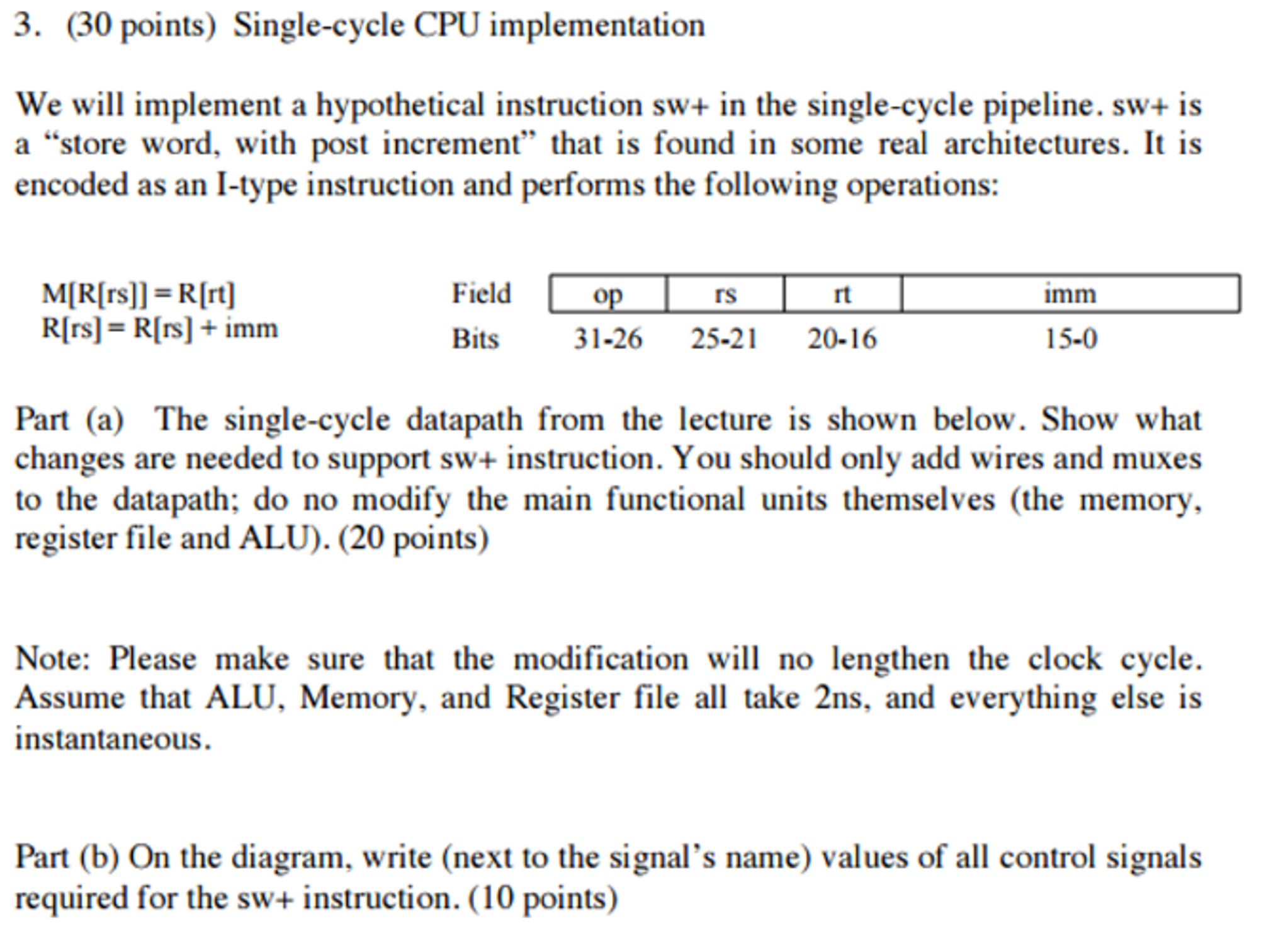 We will implement a hypothetical instruction sw+ in | Chegg.com