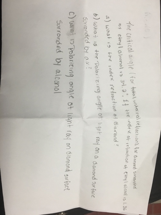 Solved The critical angle (for total internal reflection) | Chegg.com