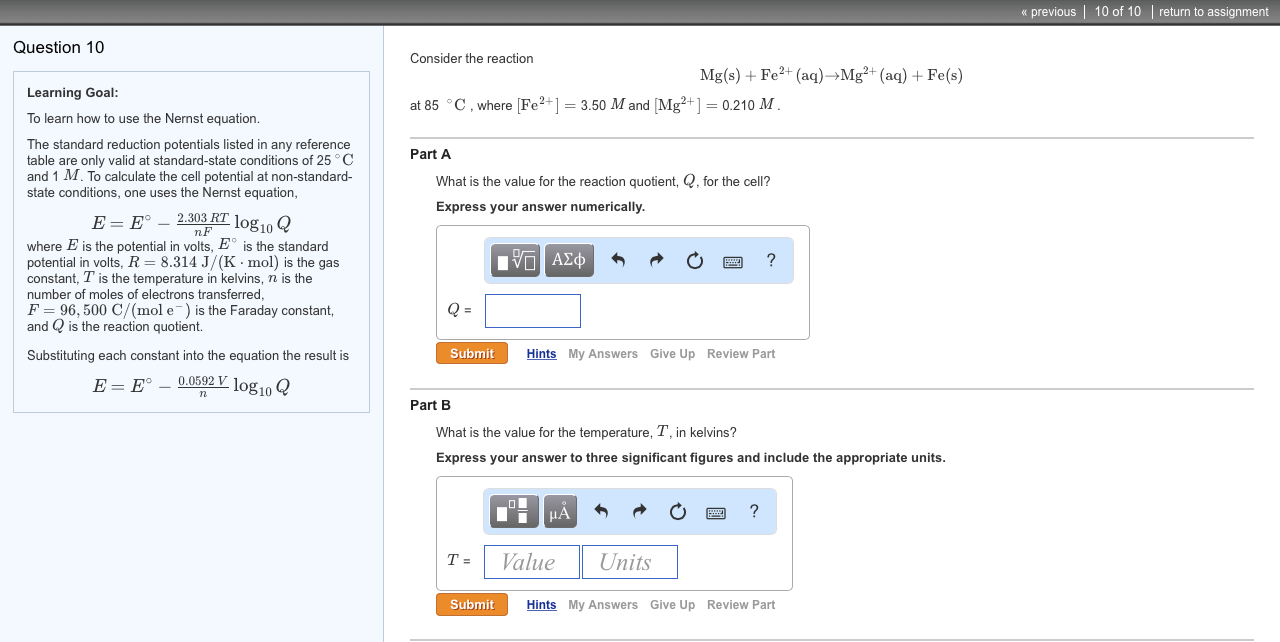To learn how to use the Nernst equation. The | Chegg.com