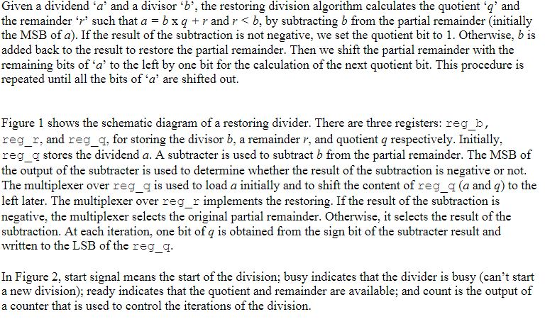 Solved Given a dividend 'a' and a divisor 'b', the restoring | Chegg.com