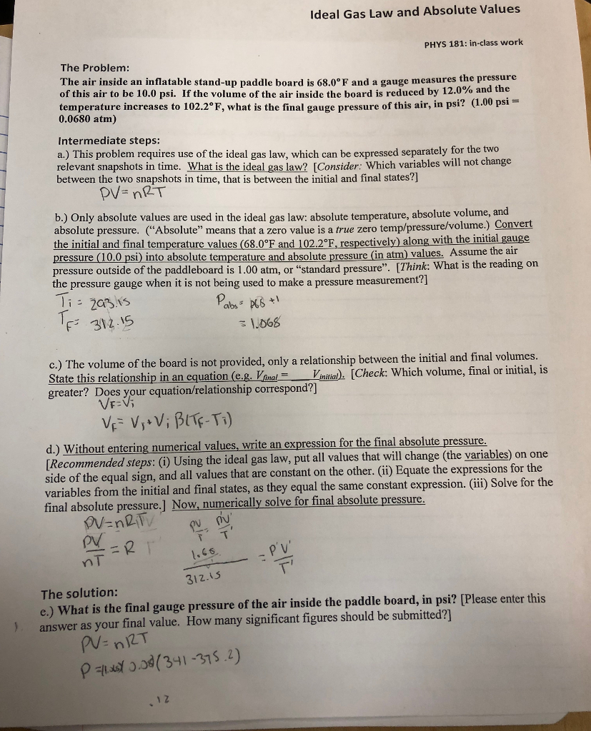 Solved Ideal Gas Law and Absolute Values PHYS 181: in-class | Chegg.com