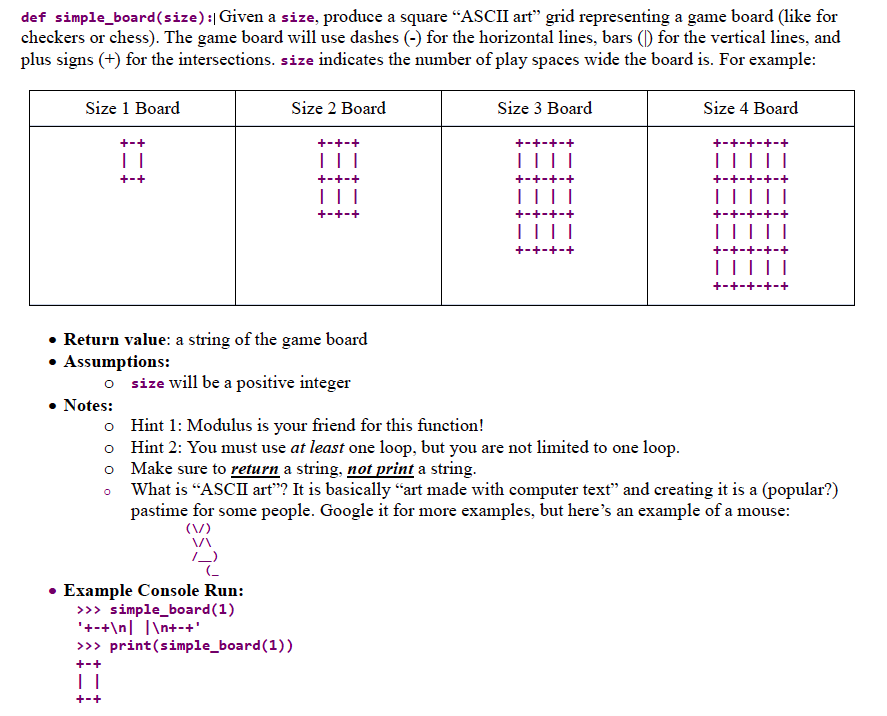 Solved def simple board(size): Given a size, produce a | Chegg.com