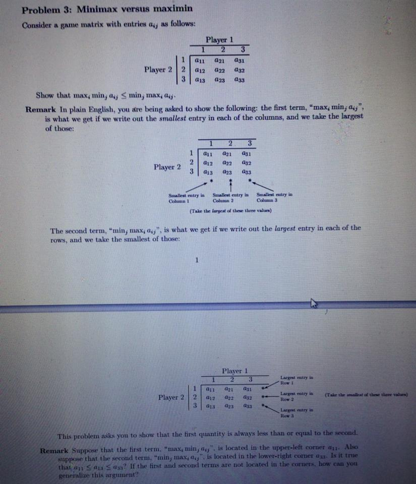 Minimax versus maximin Consider a game matrix with | Chegg.com