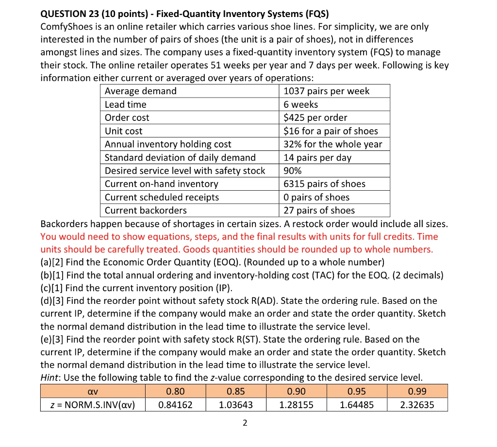 Solved QUESTION 23 (10 points) - Fixed-Quantity Inventory | Chegg.com