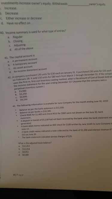 Solved investments increase owner's equity. Withdrawals | Chegg.com