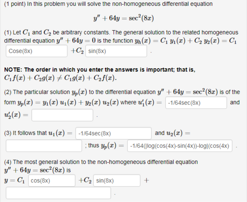 Solved (1 point) In this problem you will solve the | Chegg.com