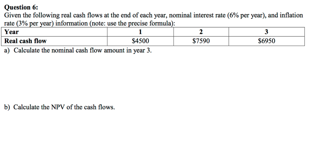 Solved Question 6: Given the following real cash flows at | Chegg.com