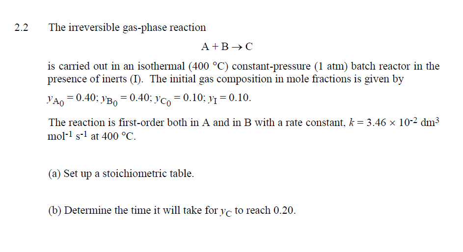 Solved 2.2 The irreversible gas-phase reaction is carried | Chegg.com