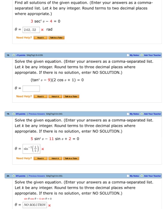 Solved Find All Solutions Of The Given Equation Enter Your
