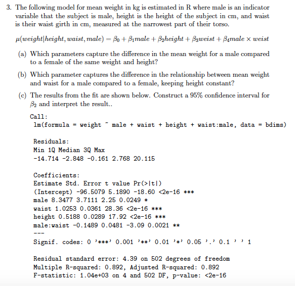 Solved The following model for mean weight in kg is | Chegg.com