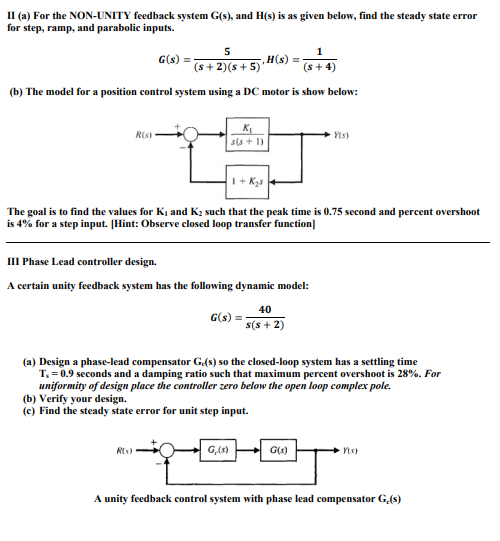 Solved Ii A For The Non Unity Feedback System Gs And 6646
