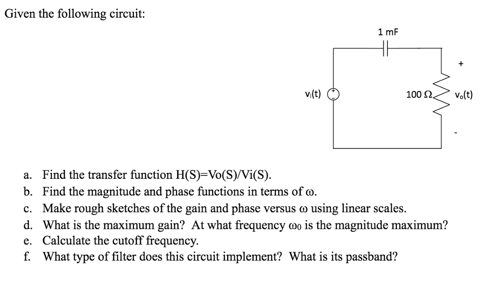 Solved Given the following circuit: Find the transfer | Chegg.com
