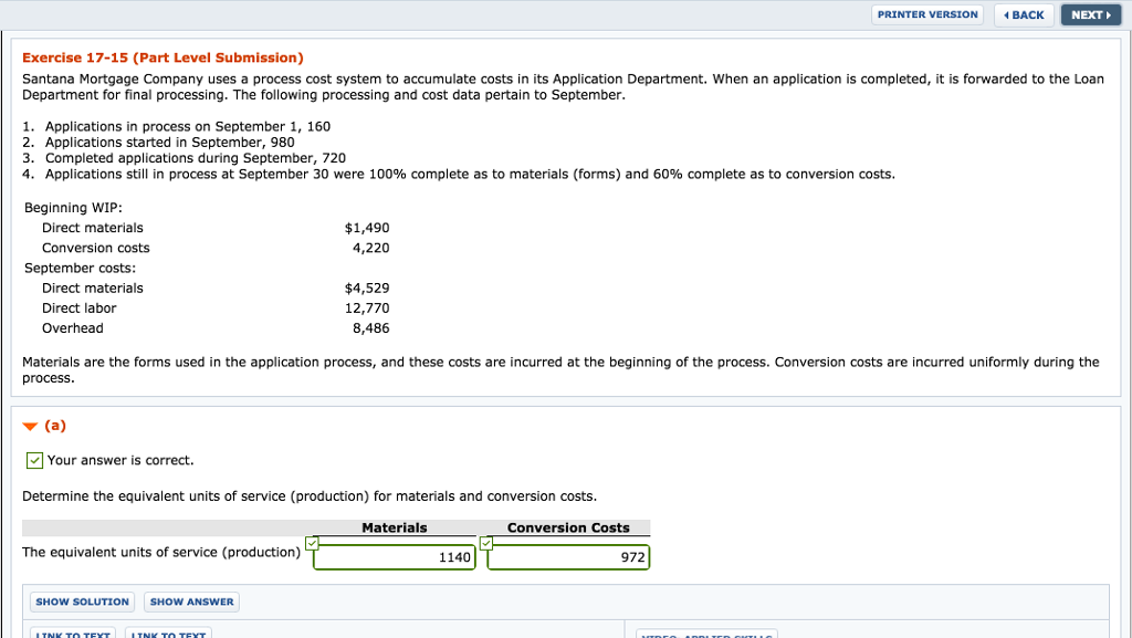 Solved PRINTER VERSION BACK NEXT Exercise 17-15 (Part Level | Chegg.com