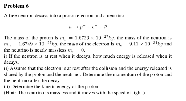 Solved Problem 6 A free neutron decays into a proton | Chegg.com
