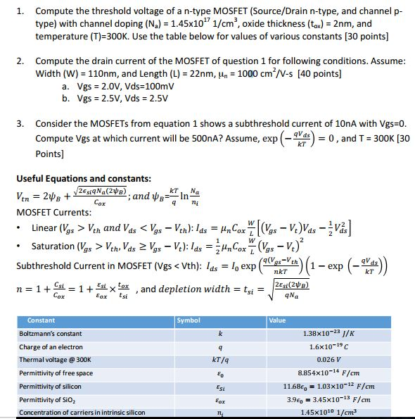 Solved Compute the threshold voltage of a n-type MOSFET | Chegg.com