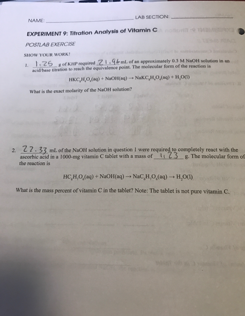 Solved LAB SECTION: NAME: EXPERIMENT 9: Titration Analysis | Chegg.com