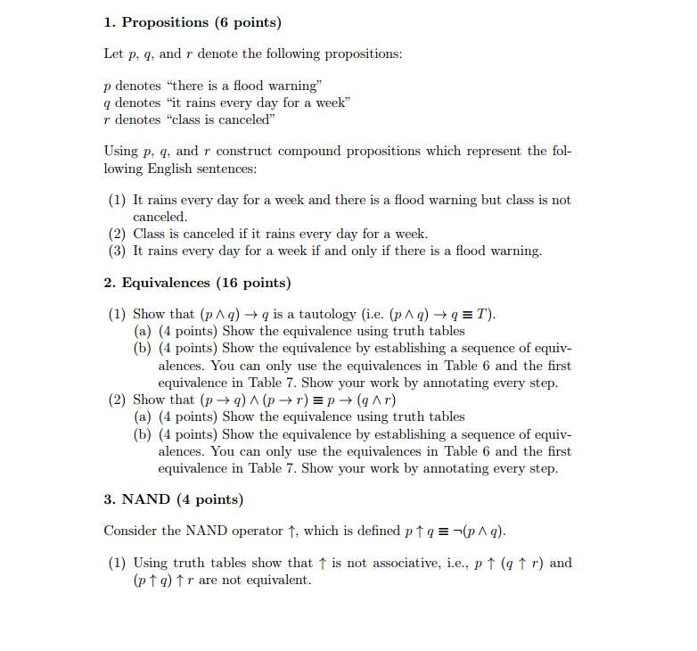 Solved 1. Propositions (6 points) Let p, q, and r denote the | Chegg.com