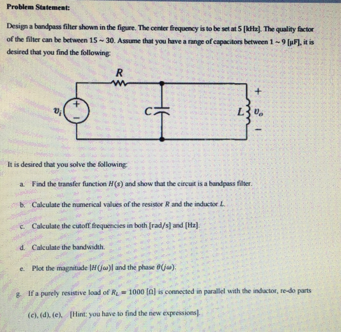 Solved Design a bandpass filter shown in the figure. The | Chegg.com