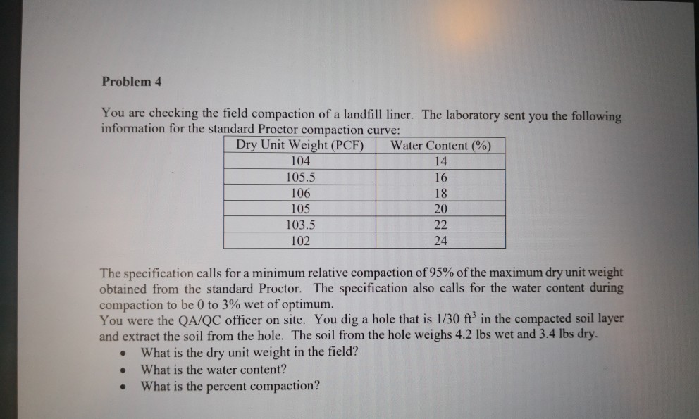 Solved Problem 4 You are checking the field compaction of a | Chegg.com