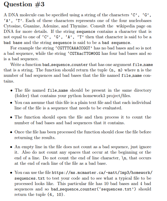 Solved Question #3 A DNA molecule can be specified using a | Chegg.com