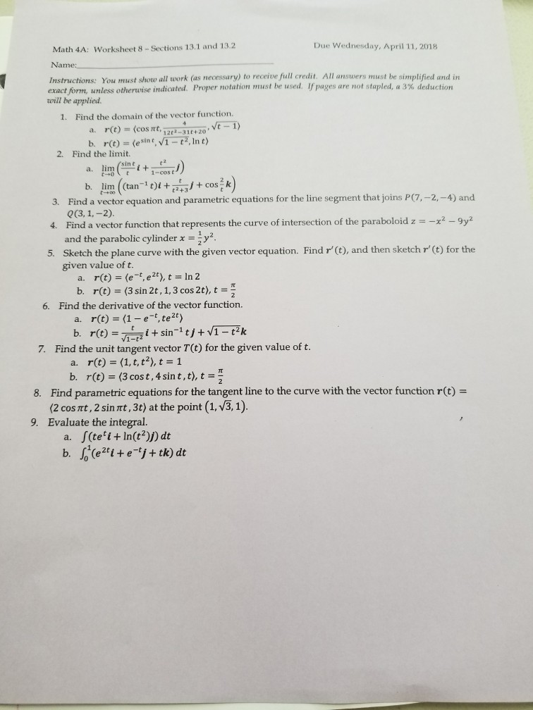 Solved Due Wednesday, April 11, 2018 Math 4A: Worksheet 8 | Chegg.com