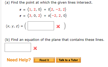 Solved ()Find the point at which the given lines intersect. | Chegg.com