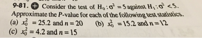 Solved Consider the test of H_0: Sigma^2 = 5 against H_1: | Chegg.com
