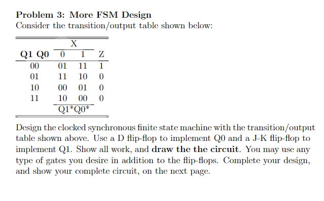 Solved Consider the transition/output table shown below: | Chegg.com