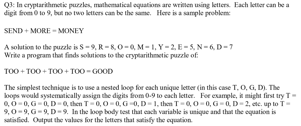 Solved Q3: In cryptarithmetic puzzles, mathematical | Chegg.com