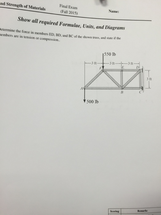 Solved Determine The Force In Members Ed Bd And Bc Of The