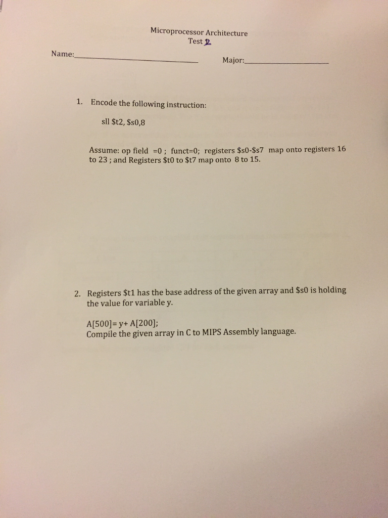 Solved Microprocessor Architecture Test卫 Name Major: 1. | Chegg.com
