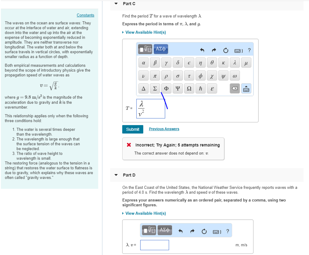Solved Part C Constants Find the period T for a wave of | Chegg.com