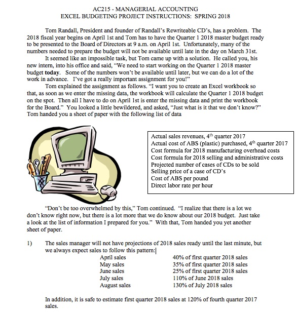 AC215-MANAGERIAL ACCOUNTING EXCEL BUDGETING PROJECT | Chegg.com