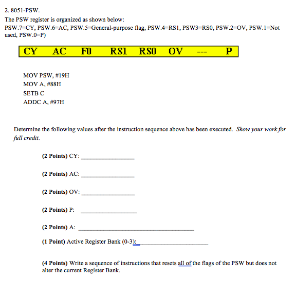 Solved 2. 8051-PSw. The PSW register is organized as shown | Chegg.com