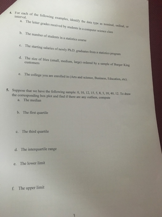 Solved For each of the following examples, identify the data | Chegg.com