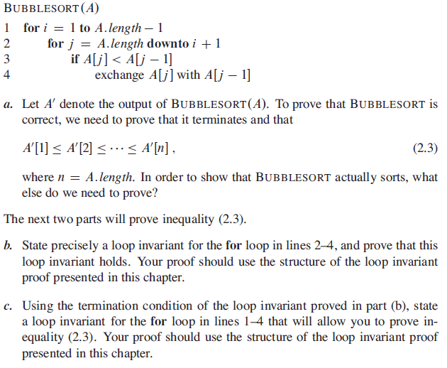 BUBBLESORT (A) 1 for i 1 to A. length-1 for j = A, | Chegg.com