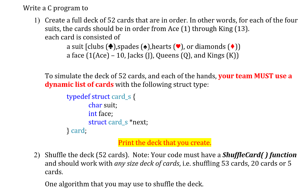 Solved Write A C program to create a deck of 52 cards in | Chegg.com