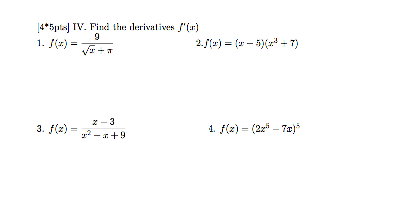 Solved Find the derivatives f'(x) 1 f(x) = 9/Squareroot x - | Chegg.com