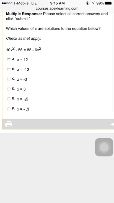 Solved Which values of x are solutions to the equation | Chegg.com