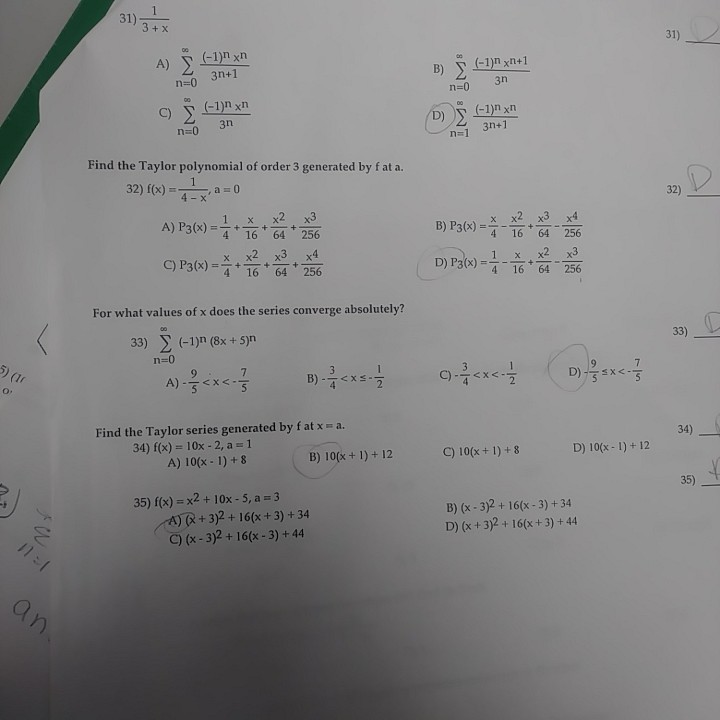 Solved 3 + x 31) A) (-i)n xn (1nxn+1 3n (-1)n xn 3n+1 B) n-0 | Chegg.com