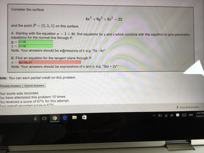 Solved Consider the surface 4x^2 + 9y^2 + 9z^2 = 22 and the | Chegg.com